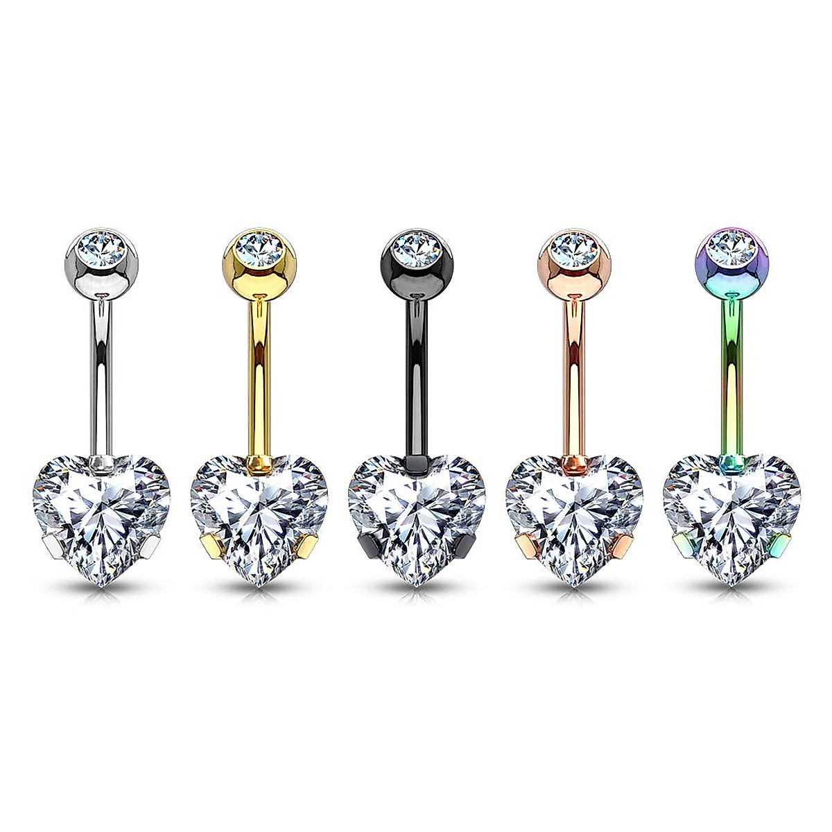 FIFTH CUE 14G Prong Set 8mm Heart CZ 316L Surgical Steel Naval Belly Button Ring (Gold/Clear)