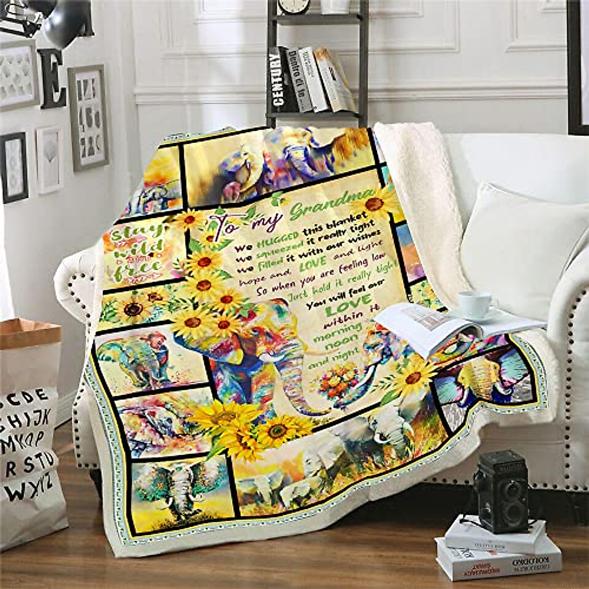 Onecmore Grandma Gifts Throw Blanket Grandma Christmas Birthday Gifts, Gifts for Grandma,Best Great Grandma Gifts,Nana Mothers Day Flannel Bed Sofa Blanket,Sunflower Elephant Throw Blanke