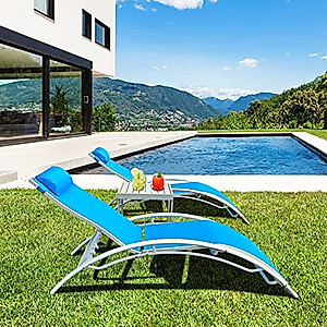 HOMEZILLIONS Patio Chaise Lounge Set of 3 Outdoor Lounge Chairs Adjustable Chaise Lounge 5-Level Pool Chairs with Headrest for Beach, Side Table Included, Blue