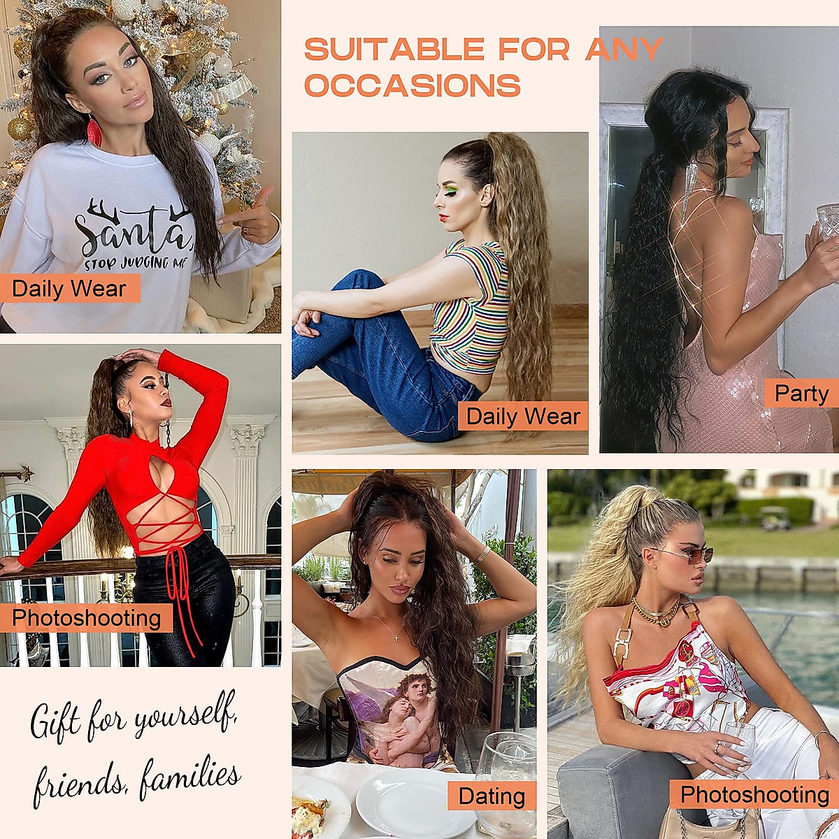 SEIKEA 26" Highlight Ponytail Extension，PT003 Eva Long Drawstring Ponytail Wavy Clip in Hair Extensions Ponytail Natural Soft Synthetic Hairpiece for Women Chocolate Brown with Blonde Highlights