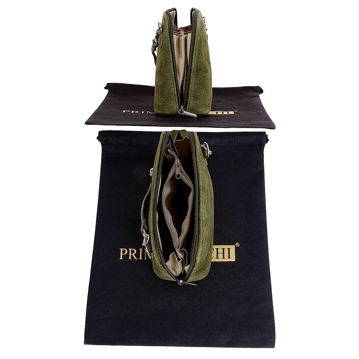 PRIMO SACCHI Ladies Italian Suede Leather Small Micro Olive Green Crossbody Shoulder Bag Handbag Purse