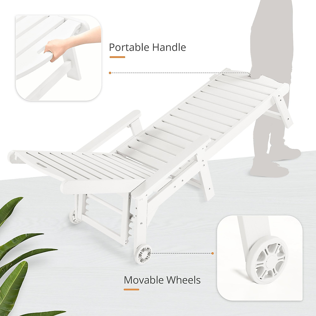 LUE BONA Outdoor Chaise Lounge Chairs Set of 2, HDPS Material, 3-Year Warranty, Patio Lounge Chair with Adjustable Backrest, Resin Pool Lounge Chairs with Wheels for Outside, Poolside, Beach, White