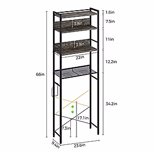 Rolanstar Over The Toilet Storage, 4-Tier Wooden Bathroom Space Saver with Hooks, Freestanding Bathroom Organizer, Multifunctional Over The Toilet Storage Rack, Bathroom Toilet Rack, Gray