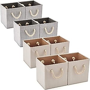 EZOWare Set of 8 Bamboo Fabric Storage Bins with Cotton Rope Handle for Nursery Toys, Gray + Beige