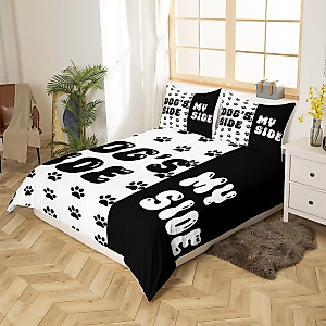 Cute Dog Paws Print Duvet Cover Set Queen Size,Dog Side My Side Bedding Set,Boys Girls Room Decor,Kawaii Puppy Animal Pet Rustic Comforter Cover,Black White Quilt Cover,2 Pillowcases(No Comforter)