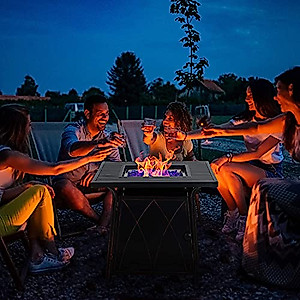 PHI VILLA 28" Gas Fire Pit Table Patio Furniture Set, 50000 BTU Auto-Ignition Outdoor Propane Gas Fire Pit Square Table with 4 Patio Swivel Chairs for Patio, Yard, Deck