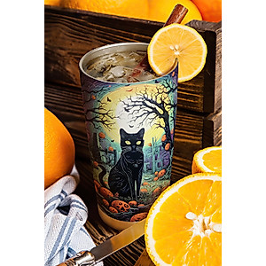 ORCAE 20oz Halloween Pumpkin Ghost Black Cat, Gifts for Cat Lovers, Halloween, Trick or Treat Gifts, Coffee Thermos, Stainless Steel Double Wall Vacuum Insulated Coffee Mug, Travel Cup with Lid - BH