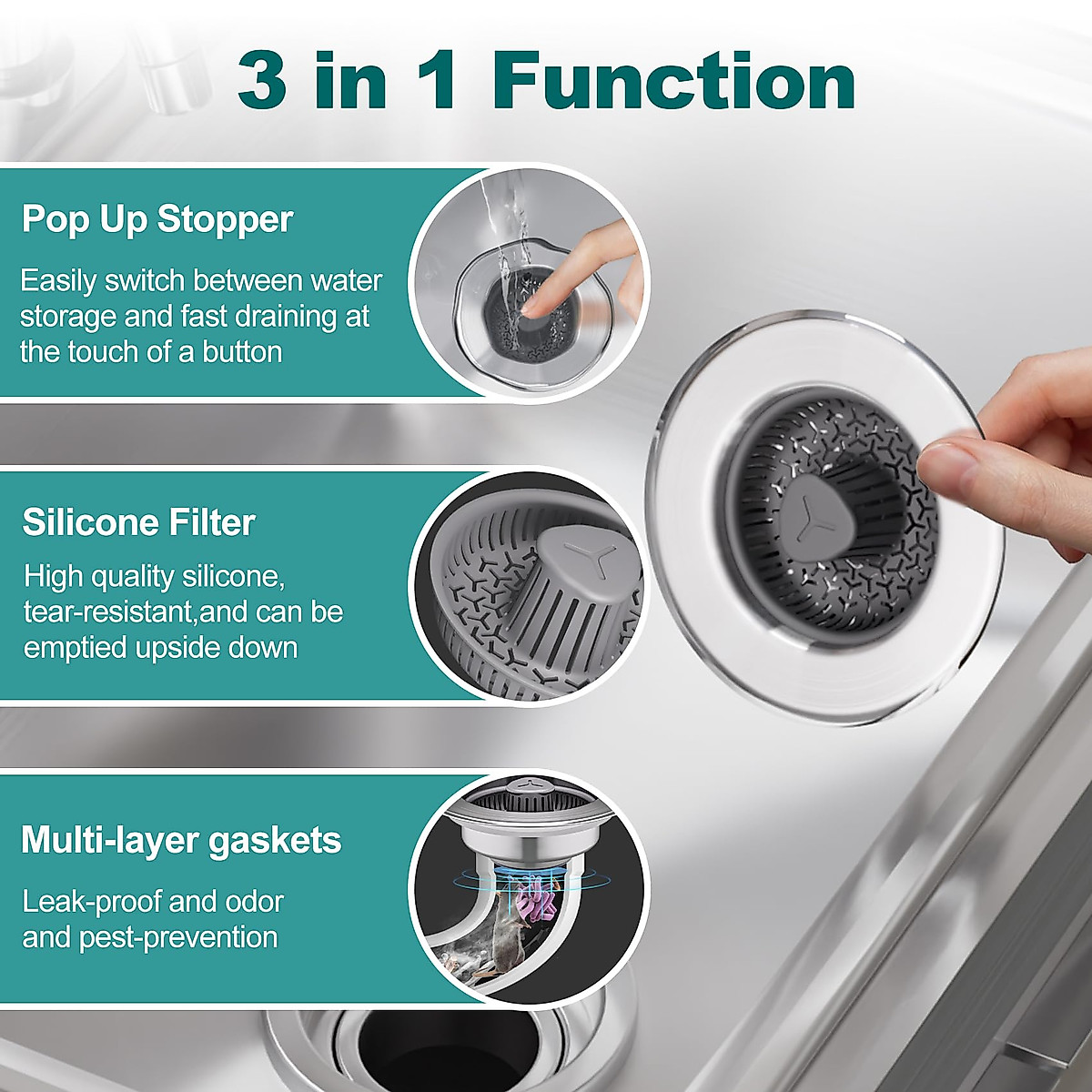 Silicone 3 in 1 Kitchen Sink Drain Strainer and Stopper Combo, 304 Stainless Steel Wraped Shell, Silicone Anti-Clogging Basket Strainer, with Handle for US Standard 3-1/2 Inch Drain