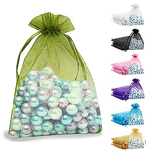 Luceinvita 100pcs Olive Green Organza Favor Bags, 5x7 Inches Wedding Gift Bags Sheer Mesh Bags with Drawstring for Jewelry Candy Soaps Baby Shower Sample Pouches