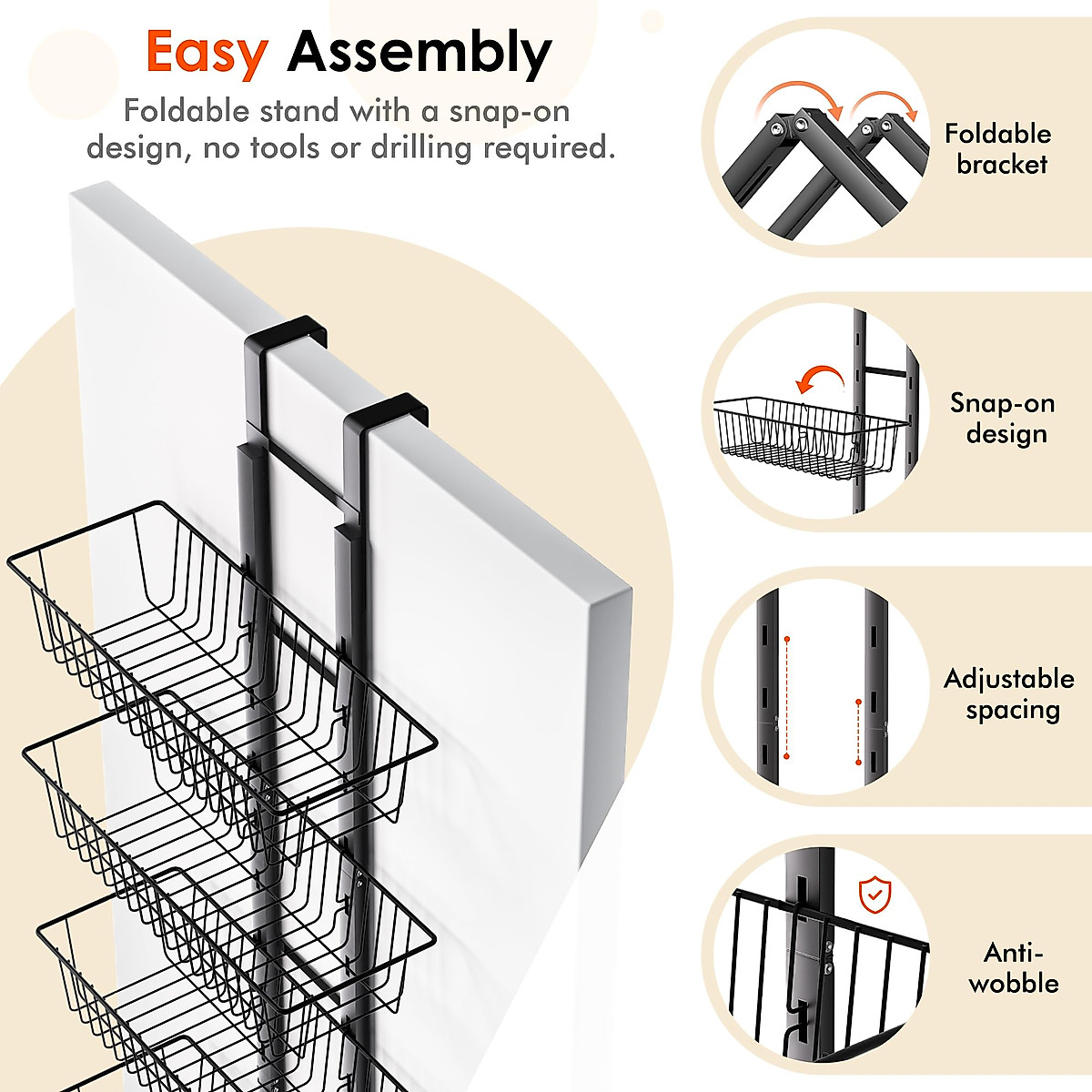 LUXEAR Over the Door Pantry Organizer, 6-Tier Adjustable Pantry Organizers and Storage, No-Assembly Foldable Metal Hanging Over the Door Organizer for Kitchen, Home, Laundry Room, Bathroom