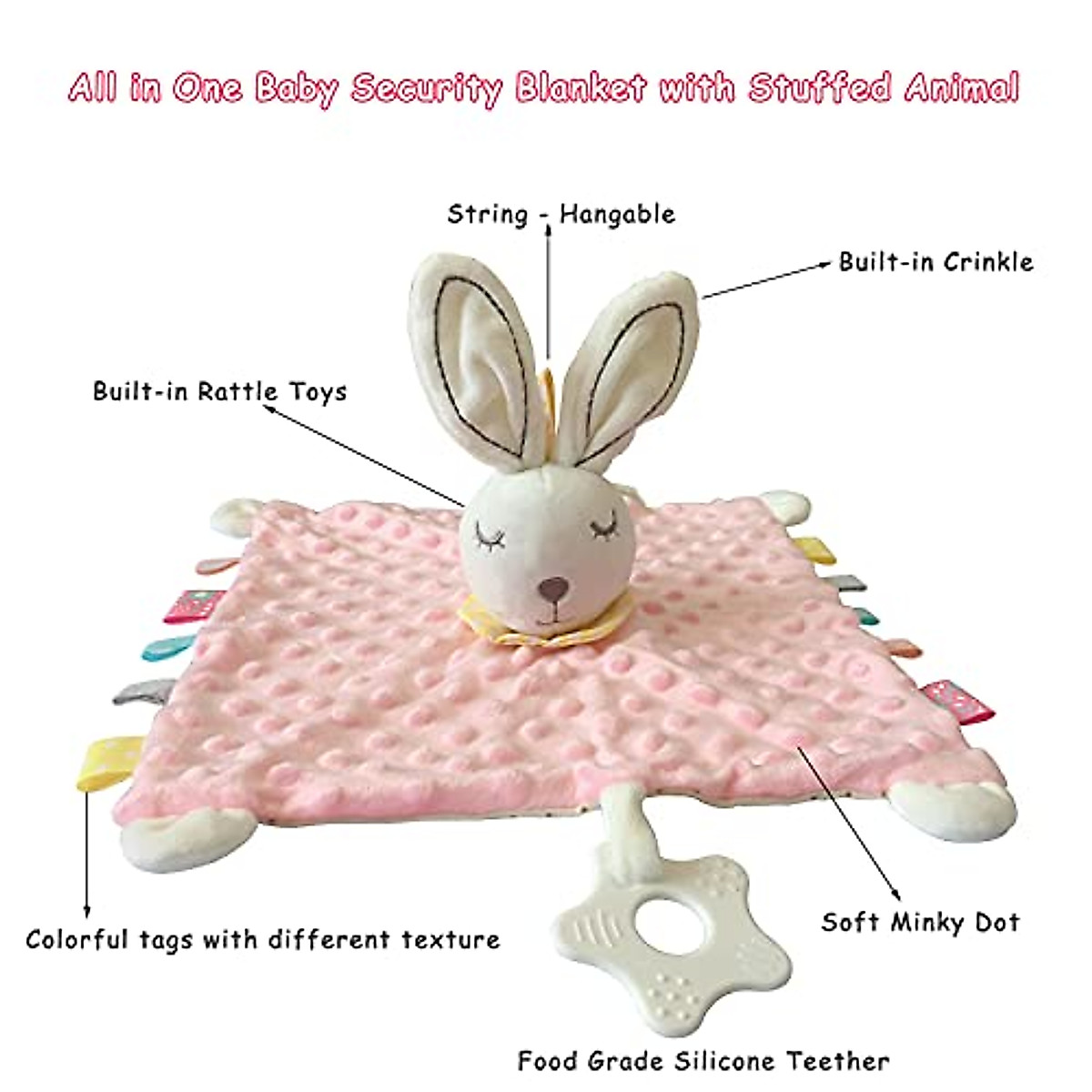Upalupa Bunny Lovey Blanket and Minky Dot Fabric Tags Security Blanket, Pink