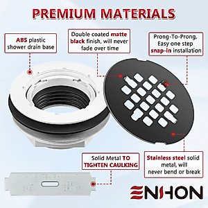 4-1/4" OD Shower Drain Assembly, Snap in Shower Base Drain and Matte Black Round Grid Strainer Cover, Fits 2 in. Schedule 40 ABS and PVC Pipes, Stainless Steel Cap, ABS Drain Base