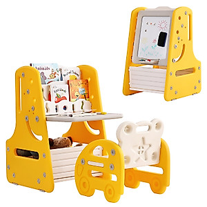 Tiita Kids Art Easel with Stool, 3 in 1 Double-Sided Magnetic Dry Erase Board and Kids Book Rack with Foldable Desktop, Standing Easel with Bottom Storage Shelf, Yellow