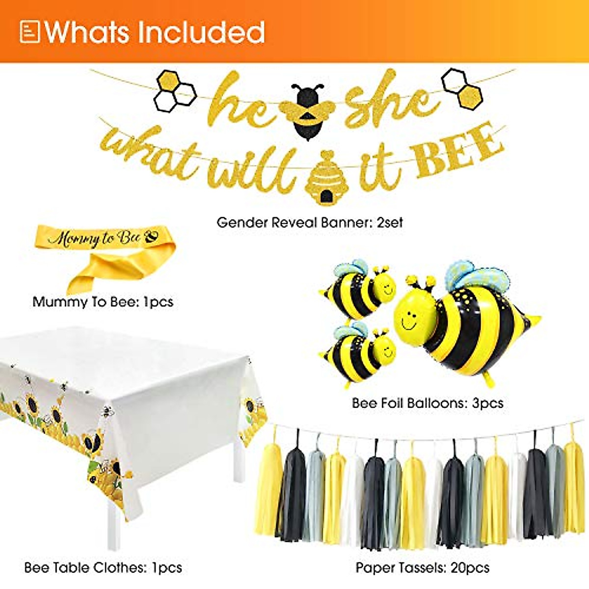NAIWOXI What Will It Bee Gender Reveal Party Supplies - Bumble Bee Gender Reveal Decorations for Kids Baby Shower, Banner, Table Cloth, Sash, Paper Fans, Cake Topper, Balloons, for Baby Reveal Party