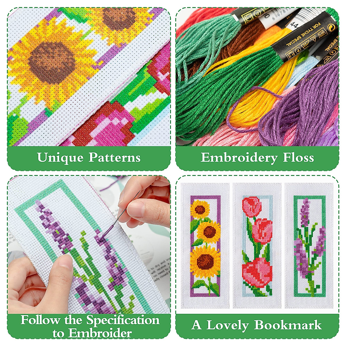 WATINC 3Pcs Cross Stitch Bookmark Kits Flower Patterns DIY Stamped Embroidery Bookmarks for Beginners Tulip Sunflower Lavender Needlepoint Starter Kits Craft Supplies Handmade Gifts for Book Lovers