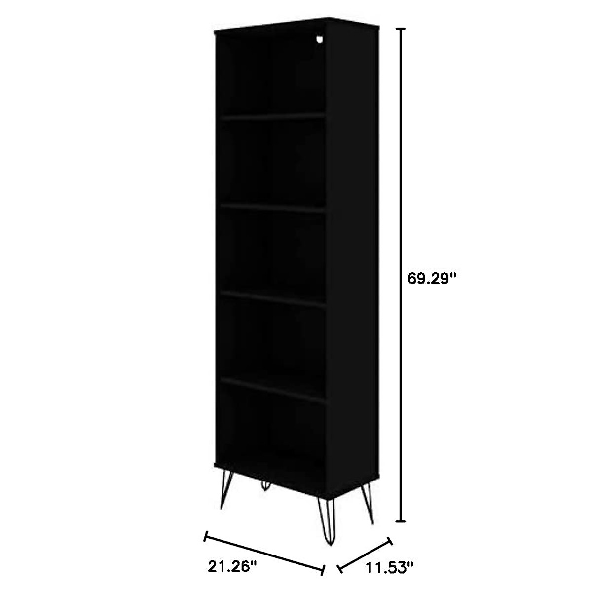 Manhattan Comfort Rockefeller Mid Century Modern 5 Shelves Home Office Bookcase with Metal Legs, 21.26", Black