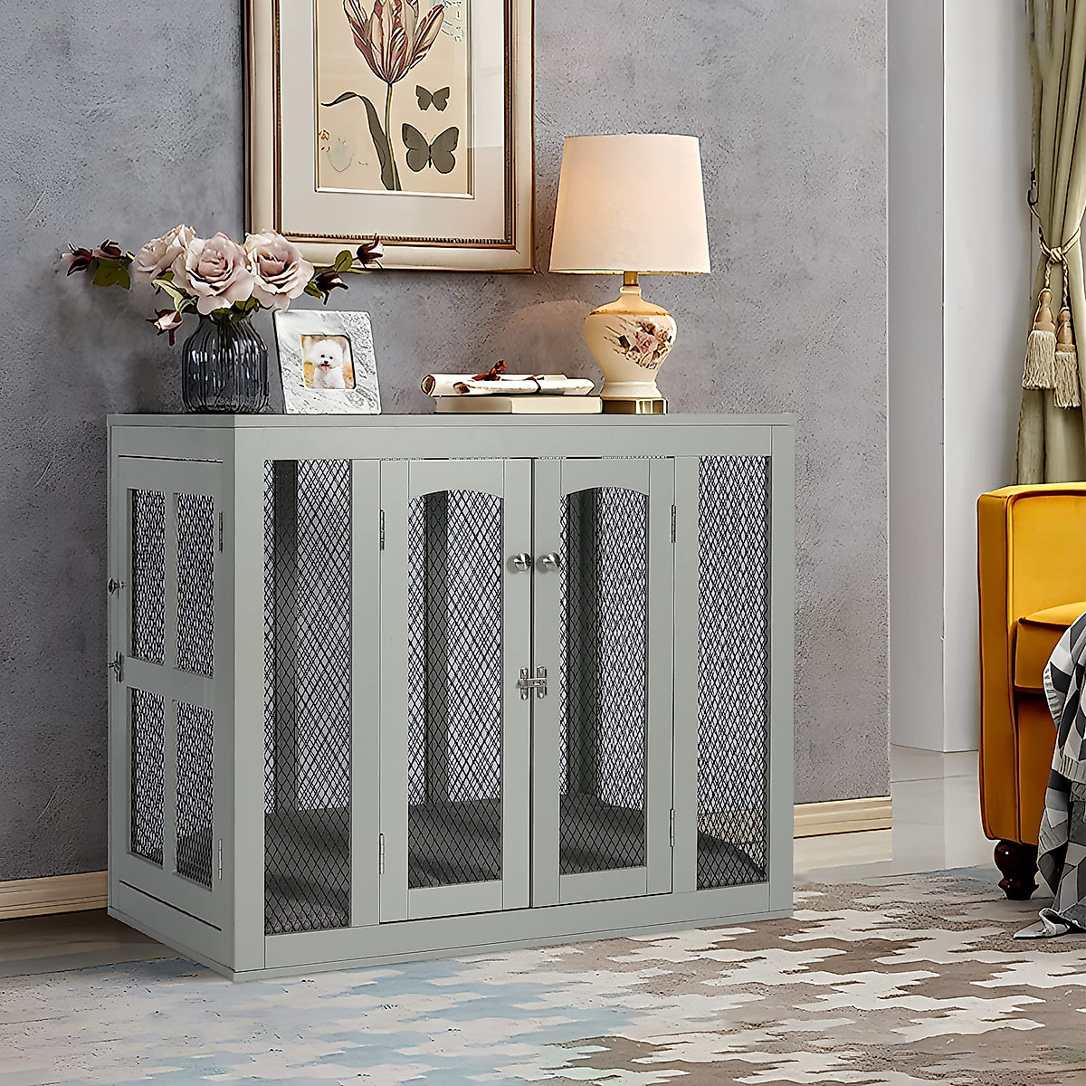 IDEE Furniture Style Dog House Dog Crate with Double Doors, Cushion and Tray, Wooden End Table Indoor Pet Bed for Large Dogs (Large, Gray)