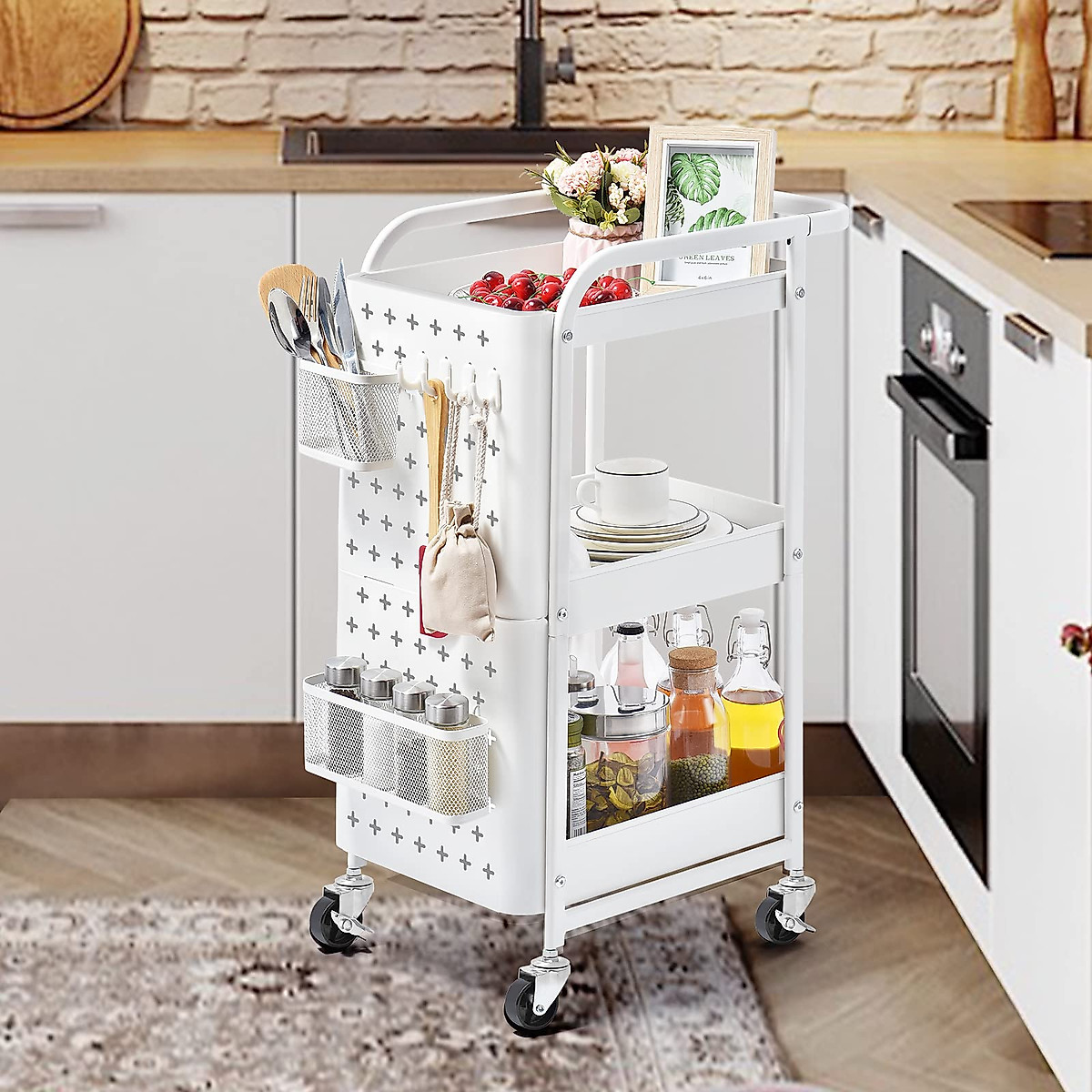 KINGRACK 3-Tier Rolling Cart, Metal Utility Cart with Pegboard, Utility Rolling Storage Carts with Wheels, Craft Storage Trolley with Handle for Kitchen Office Classroom, Classic White