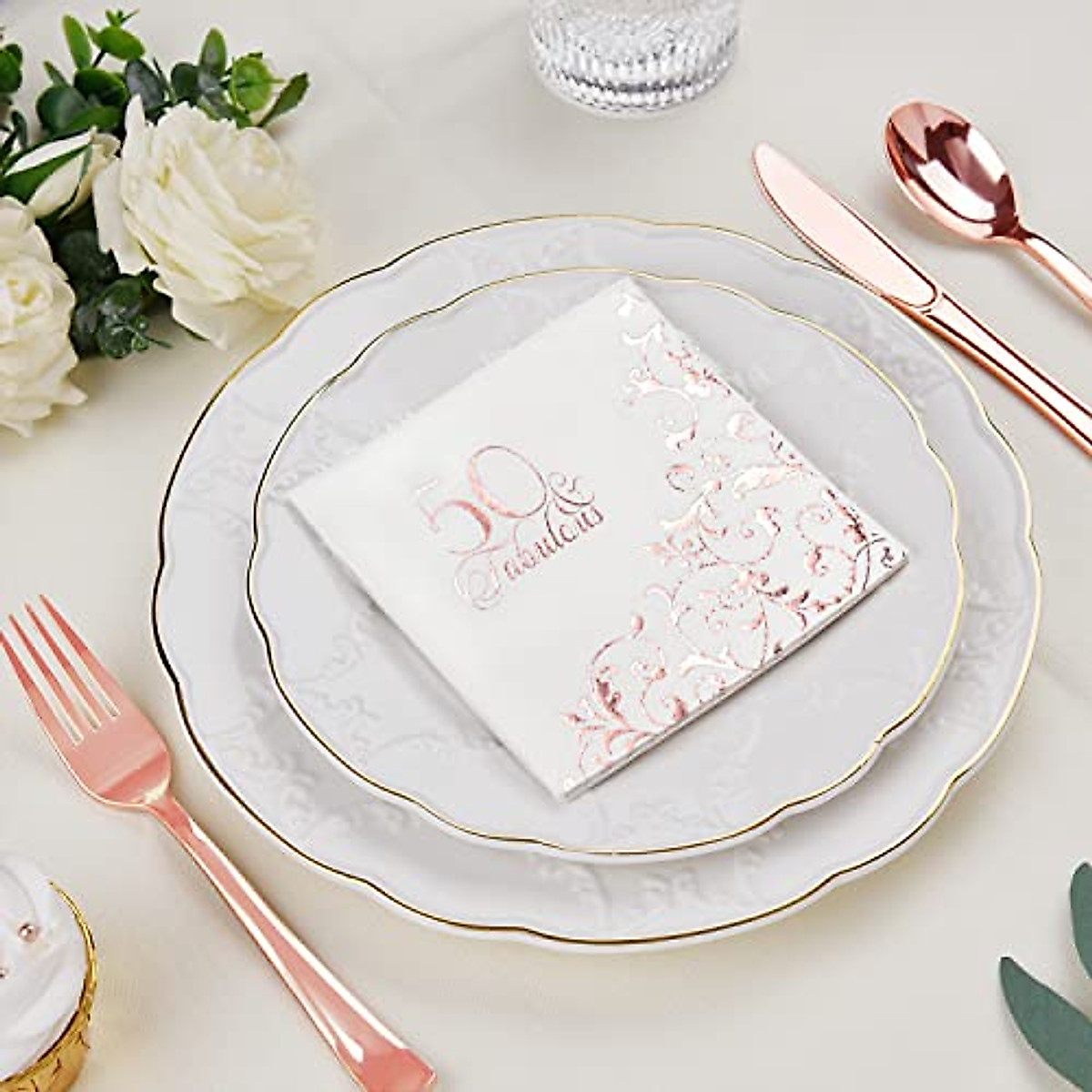 Crisky Rose Gold 50 Fabulous Cocktail Napkins for Women 50th Birthday Party Decorations, 3-Ply Disposable Beverage Dessert Napkins, 50 Counts