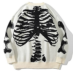 Vamtac Mens Vintage Oversize Skeleton Pattern Graphic Sweater Long Sleeve Round Neck Knitted Unisex Pullover Jumper Sweaters