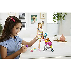 Barbie Dogwalking Doll & Accessories, Stroll & Play Pups Playset with Transforming Stroller, 2 Pets & Handbag, Blonde Doll