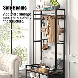 DDJ Hall Tree with Bench and Shoe Storage, Entryway Bench with Coat Rack with Shoe Storage, 7-in-1 Entryway Coat Rack with Hooks and Hanging Rod, 11.8 x 33.1 x 70.9 in, Rustic Brown and Black