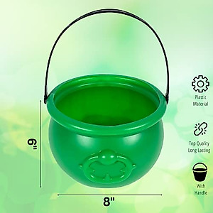 8" St Patricks Day Pot of Gold Decorations Plastic, Green Pot of Gold Cauldron Plastic Bucket Decor for St Patricks Day Table Decorations, & Centerpiece by 4E's Novelty