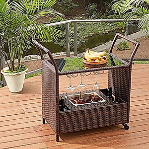 YOLENY Outdoor Wicker Bar Cart,Rolling Patio Wine Cart with Ice Bucket,Glass Countertop, Wine Glass Holders,Rattan Bar Serving Cart for Pool, Party, Backyard