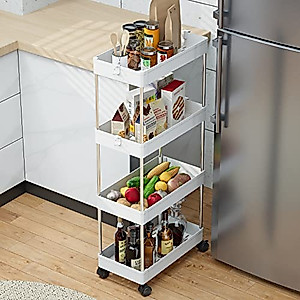 OTK Storage Cart 4 Tier Mobile Shelving Unit Organizer, Utility Rolling Shelf Cart with Wheels for Bathroom Kitchen Bedroom Office Laundry Narrow Places, White