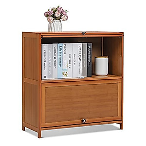 MoNiBloom Bamboo 2 Tier Bookcase with Flip Doors Free Standing Book Shelf Storage Organizer Save Space for Living Room, Office, Bathroom, Kitchen, Brown