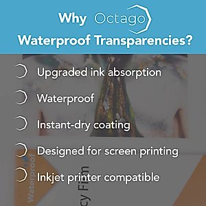 Octago Waterproof Inkjet Transparency Film for Screen Printing (60 Pack) Transparency Paper for Inkjet Printers - Print Color Transparent Paper Designed For Silk Screen Printing (8.5x11 Inches)