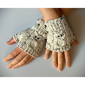 Hand Knit Adult Owl Fingerless Gloves Mittens Mitts – Knitted Granny Gloves with Owls for Warm Hands – Handmade Gift for Women Wife Girlfriend – Handcrafted Hand Warmers (Small, Red)