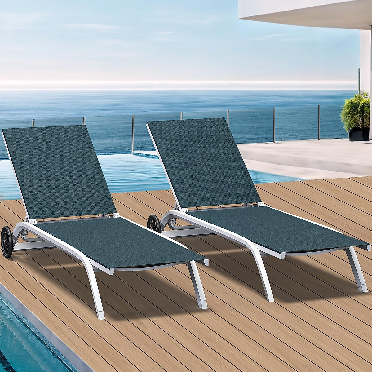 YITAHOME Aluminum Outdoor Chaise Lounge Set of 4 with Wheels, Pool Lounge Chair Patio Lounger with Extended Width, 5-Position Adjustable Backrest for Patio, Poolside, Deck - Dark Green