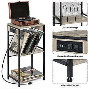 Record Player Stand Turntable Stand with Record Storage Vinyl Player Stand with Charging Station Grey Nightstands with USB Modern End Table for Living Room Bedroom Office