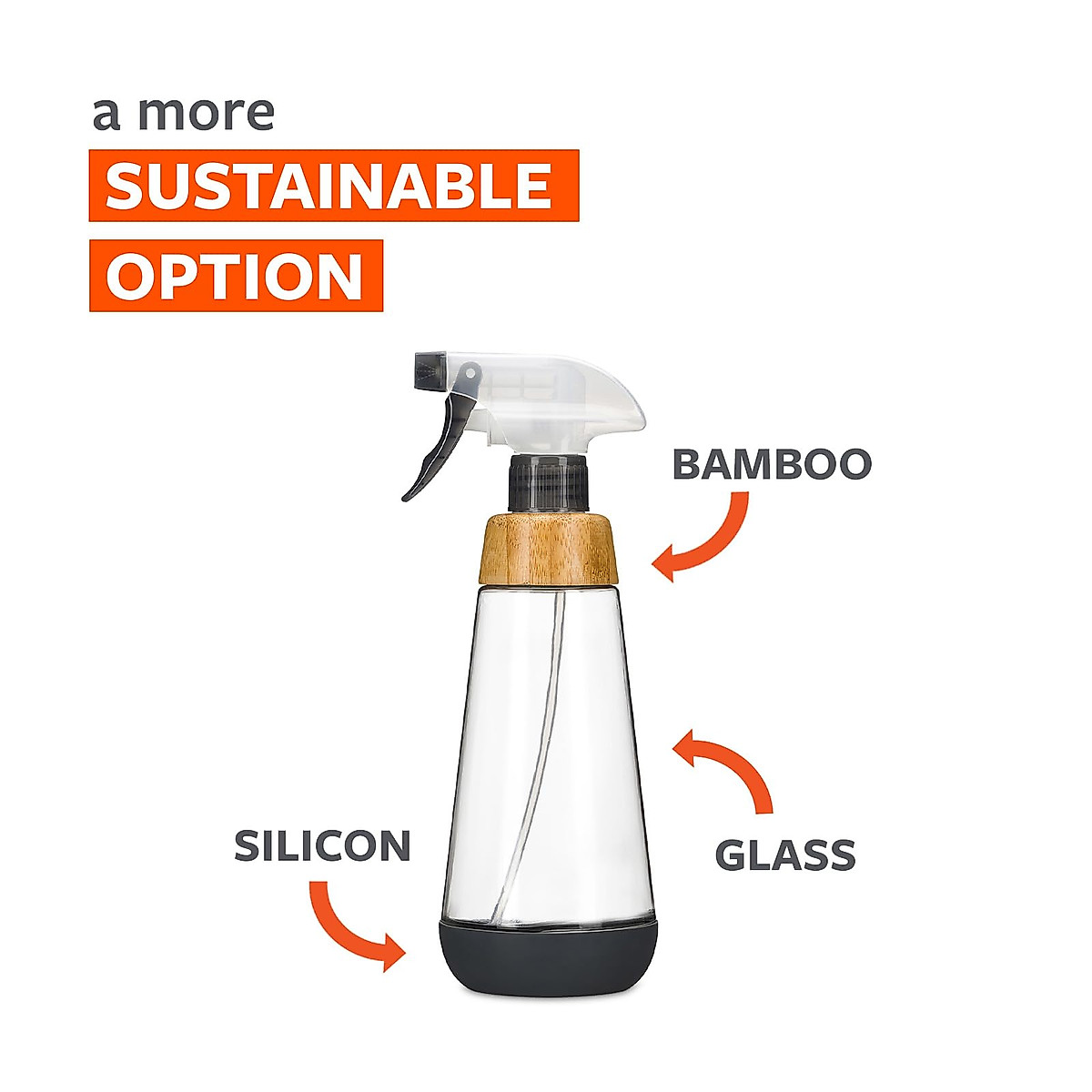 Full Circle Bottle Service - Refillable Glass Spray Bottle for Cleaning - Versatile Stream & Mist Options, Bamboo Details, Silicone Boot - Ideal for Non-Toxic Solutions & Plant Care, 16oz, Gray