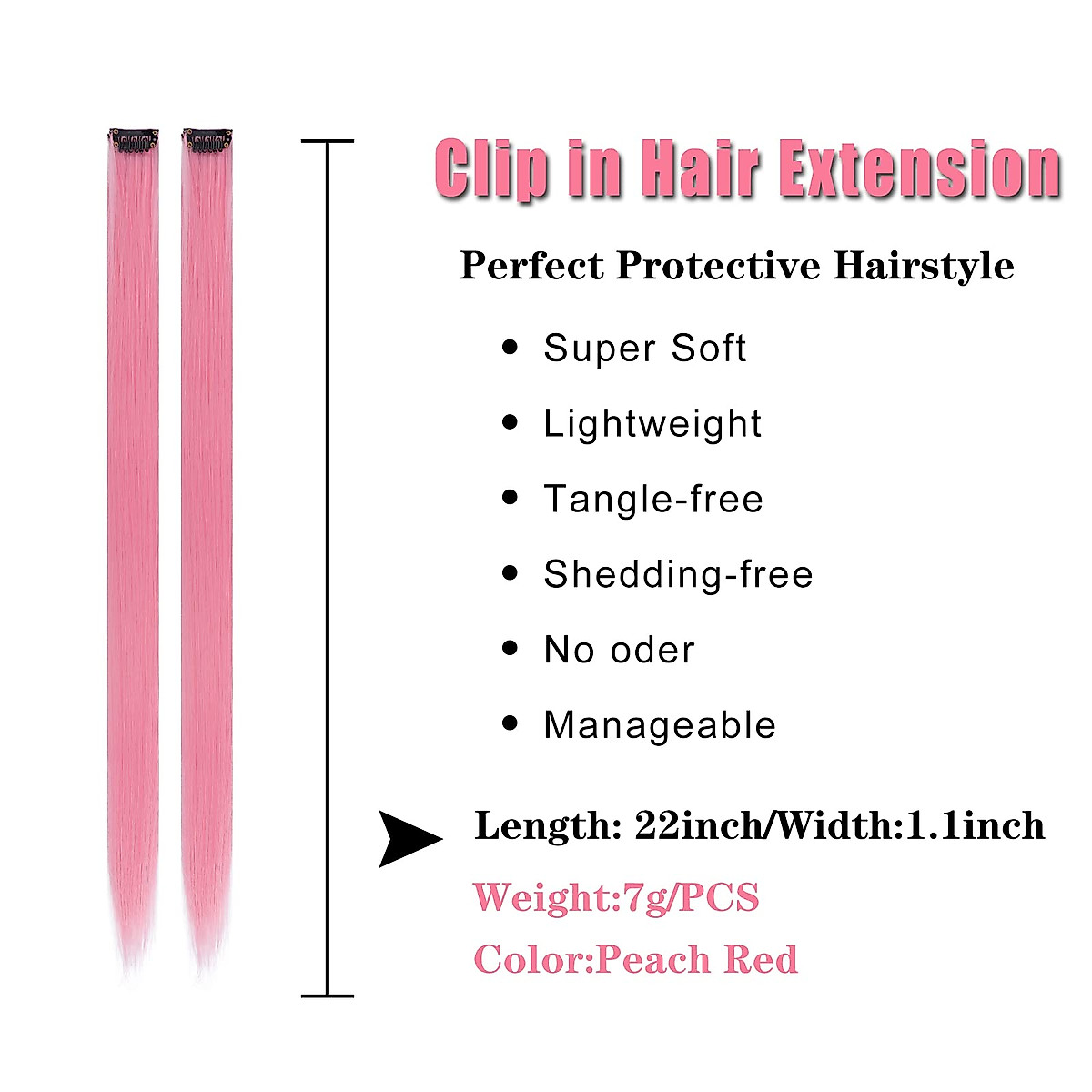 12PCS Colored Pink Hair Extensions Party Highlights Colorful Clip in Hair Extensions 22 Inch Straight Synthetic Hairpieces for Women Kids Girls Halloween Christmas Cosplay(Pink)