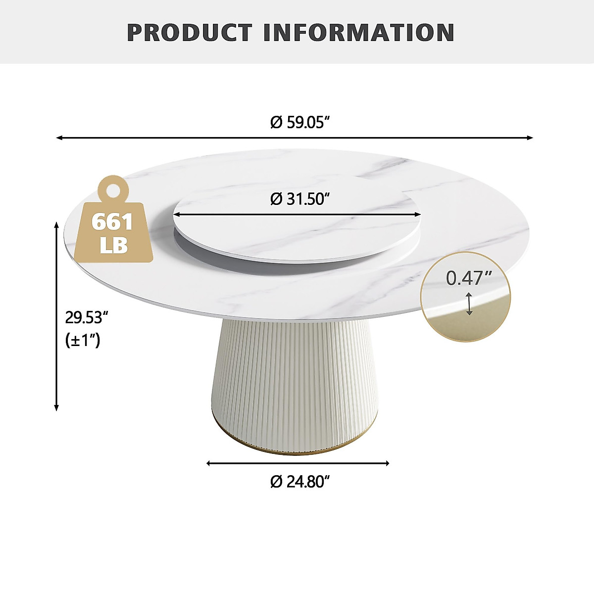 59'' Round Marble Dining Table for 6,Modern White Marble Sintered Stone Round Kitchen Table with Lazy Susan,Faux Marble Dining Table with Solid Wood Pedestal,Wrapped in PU Leather(Only Table)