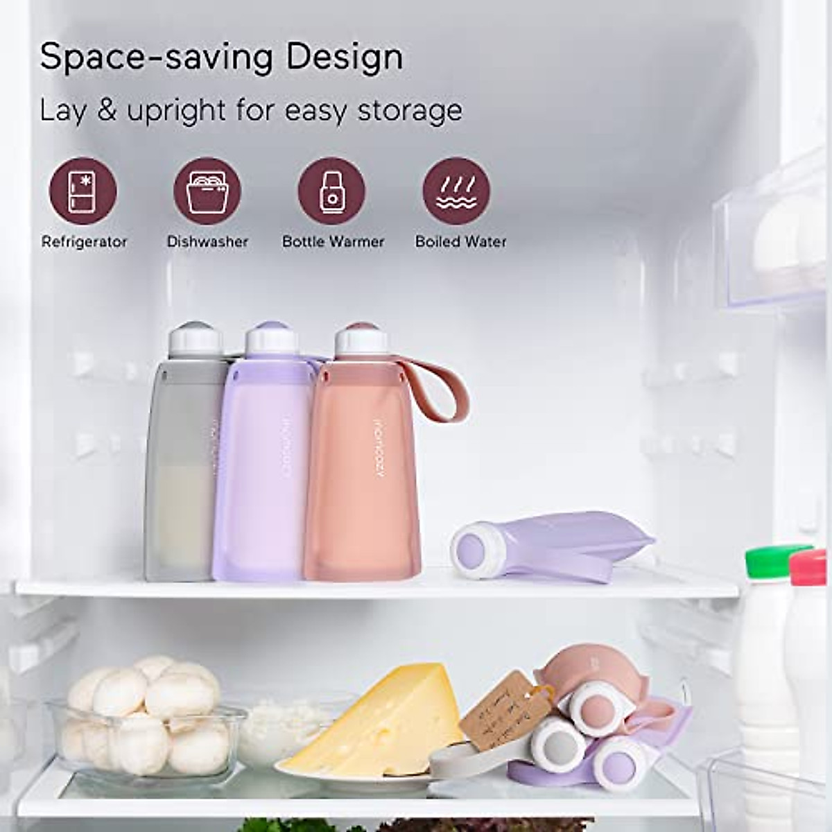 No Leak Momcozy Silicone Breastmilk Storage Bags, Reusable Breastmilk Freezer Storing Bags for Breastfeeding, 8.5oz/250ml Breast Milk Saver, Leakproof Baby Food Pouches, BPA Free (Gray, 5pcs)