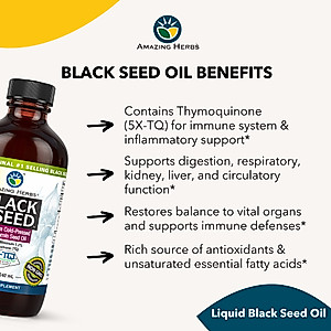 Amazing Herbs Premium Black Seed Oil - Cold Pressed Nigella Sativa Aids in Digestive Health, Immune Support, Brain Function, Joint Mobility, Gluten Free, Non GMO - 8 Fl Oz
