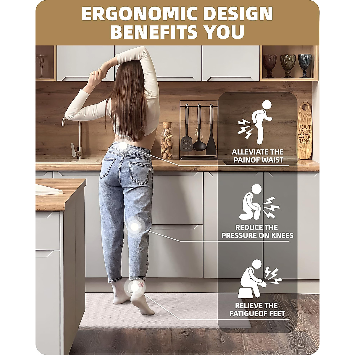 Color&Geometry Kitchen Rugs, Kitchen Runner Rug Kitchen Floor Mat, Cushioned Anti-Fatigue Kitchen Mat, Non Slip Waterproof Comfort Standing Padded, Memory Foam Kitchen mat, 17"x59", Beige