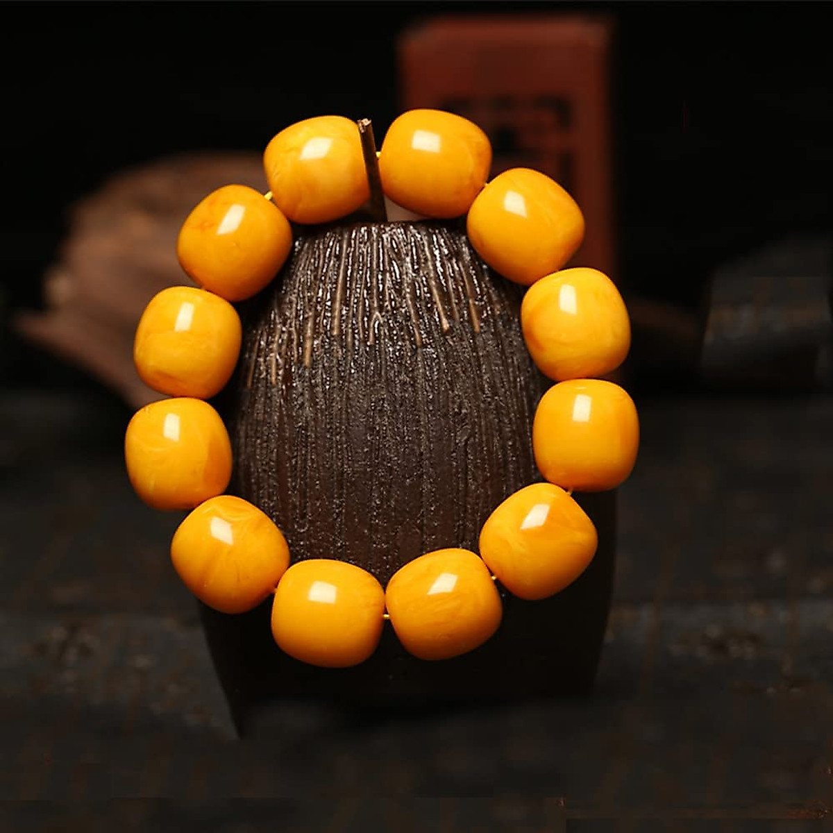DHJY Natural Amber Chicken Oil Yellow Beeswax Bracelet Original Stone Single Circle Bead Bracelet Jadeware Jewelry Unisex,18mmX18