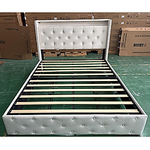 Vabches Full Size Bed Frame with LED Headboard & Drawers, Velvet Upholstered Platform Bed Frame with Led Light and Charging Station, Wingback Storage Metal Bed, Beige