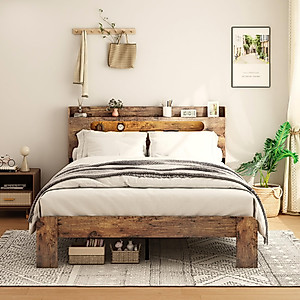 SAMTRA Wooden Queen Size Bed Frame with Storage Headboard, Farmhouse Platform Bedframe with Charging Station & Led Lights, Sturdy Wood Slat Framework, Easy Assembly (Rustic Brown Led)