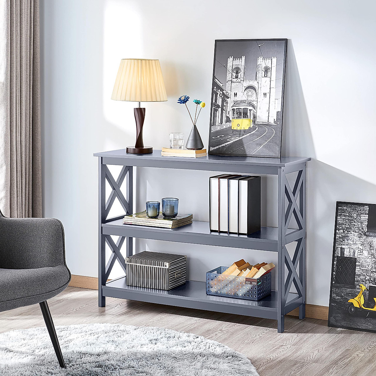 Yaheetech Television Stands & Entertainment Centers with 3 Tier Storage Shelf TV Stand for Living Room, Gray