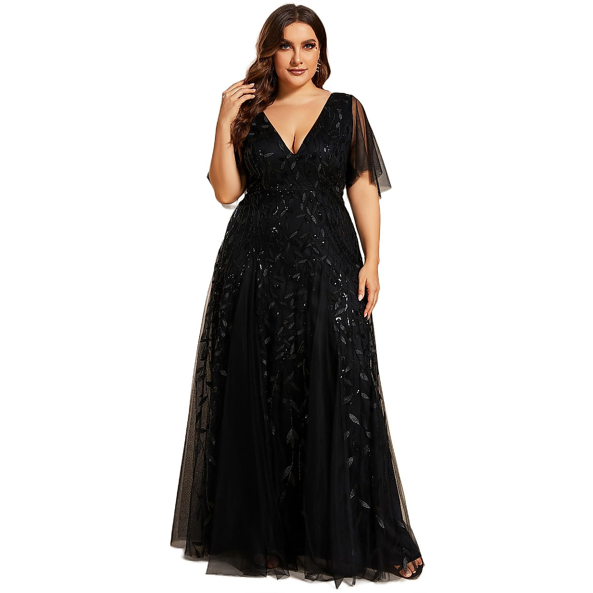 Ever-Pretty Womens Plus Size Sequin Emboridery Formal Evening Dresses with Sleeves Black US18