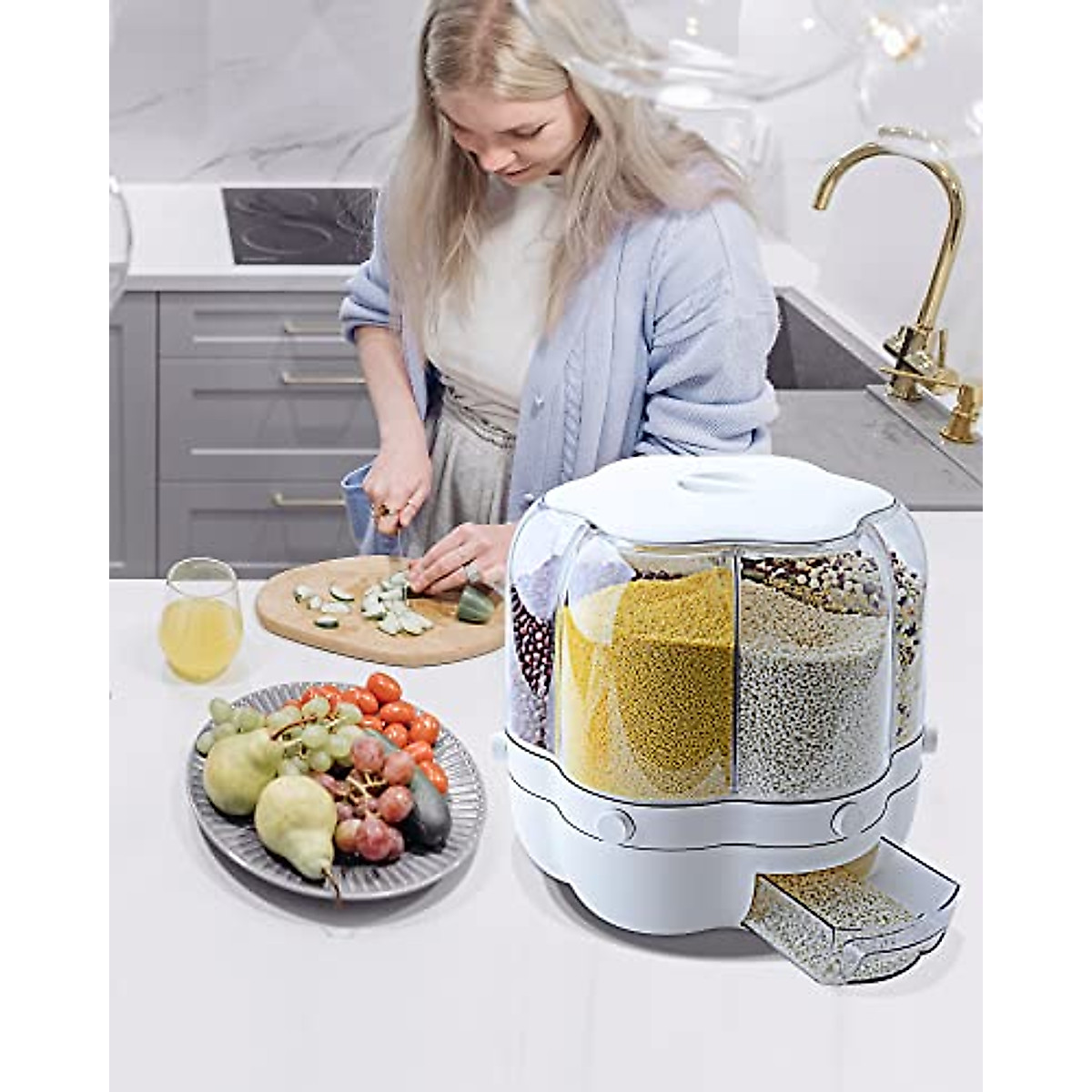 WOWFUNNY Grain Dispenser, 7.2 Qt Rotating Rice Dispenser Storage Container, 6-Compartment Dry Food Dispenser with Measuring Cup, Food Storage Containers for Kitchen Small Grains, Beans, Rice (7.2Qt)