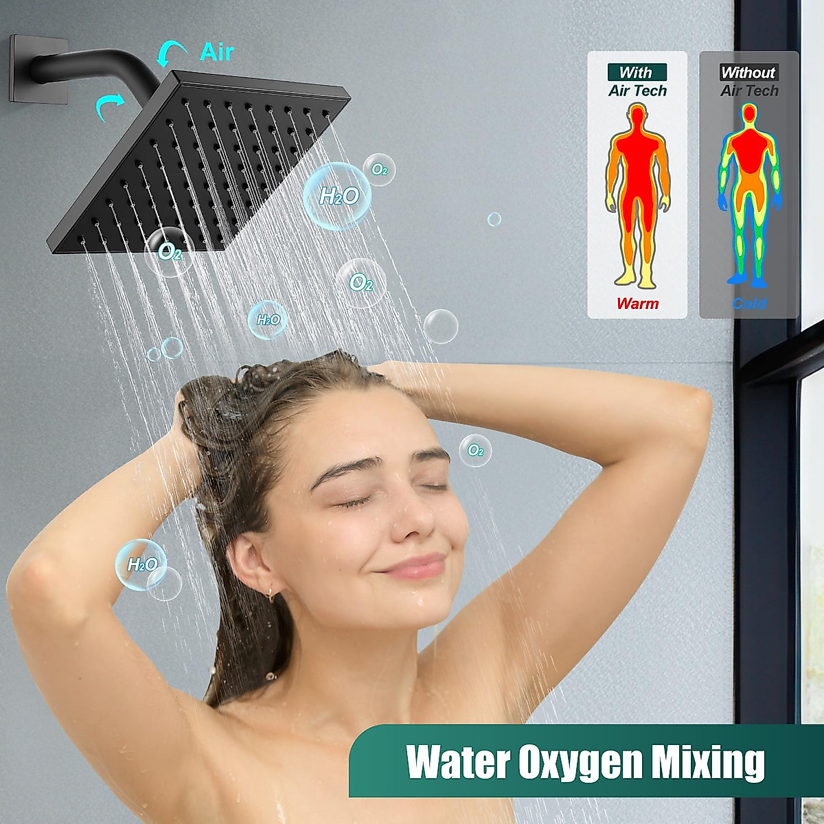 Heyalan Bathtub Shower Faucet Set,6 Inch Square Shower Trim Kit Single Handle Shower System,Showerhead and Handle Set Male Thread Pressure Balance Valve,With Tub Spout,Matte Black