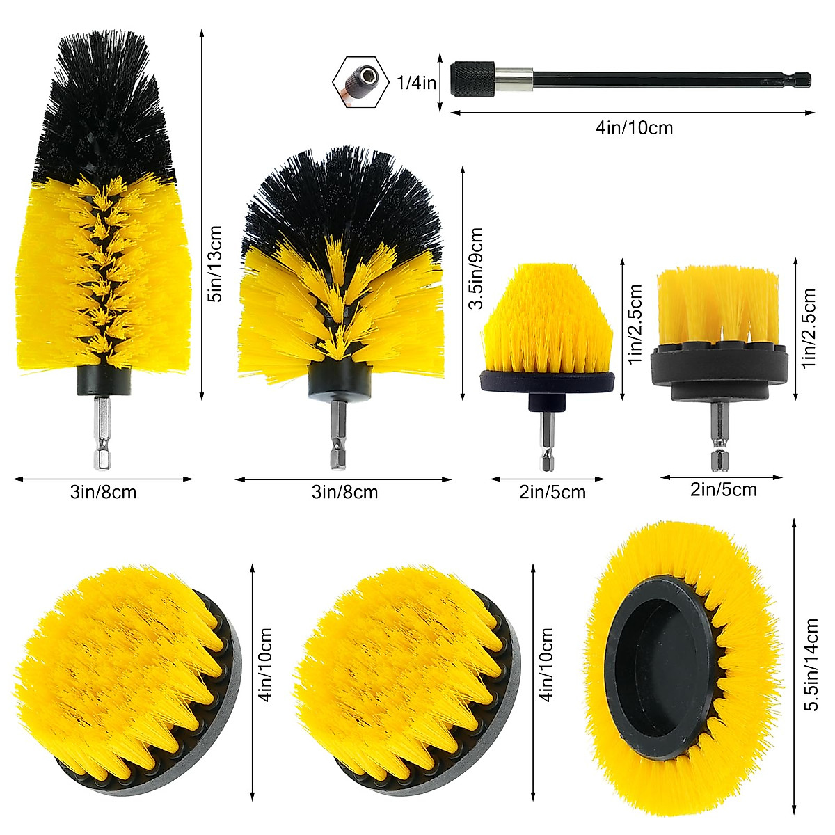 ETOUPA 8 Pcs Drill Brush Attachment Set, Power Cleaning Scrub Brush Kit with Extend Long Attachment, All Purpose Drill Scrub Brushes for Car, Grout, Floor, Tub, Bathroom and Kitchen (Yellow)