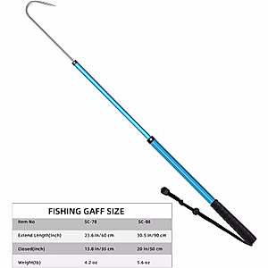 SAN LIKE Telescopic Fishing Gaff,Aluminum/Fiberglass Pole with Nonslip Rubber Handle,Stainless Steel Hook with M8 Screw, Fish Gaff Can Float When Extending - Good for Freshwater and Saltwater Fishing