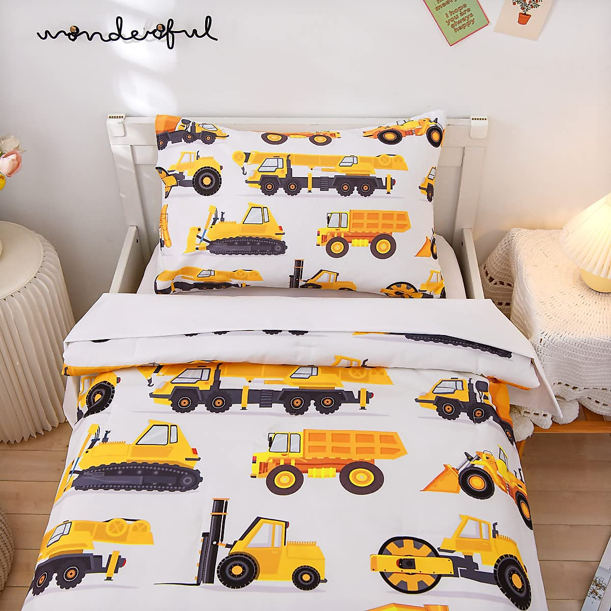 NTBED 4 Pieces Construction Toddler Bedding Set for Baby Boys, Truck Vehicles Excavator Cars Printed, includes Comforter, Flat Sheet, Fitted Sheet and Pillowcase,White